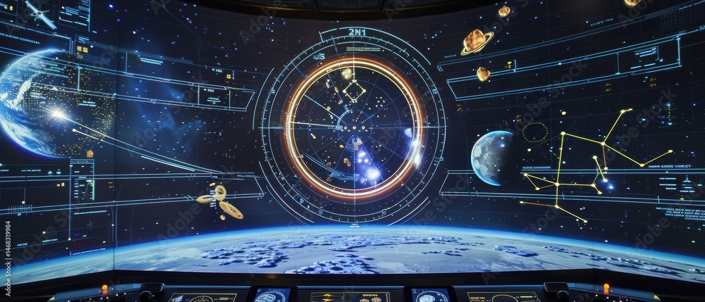 Inside a space warfare tactical room showing planetary defense systems ...