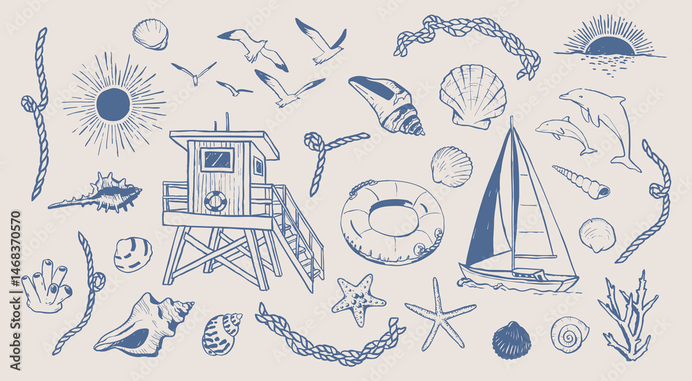 Summer sea elements, marine doodles. Coastal beach vacation drawings ...