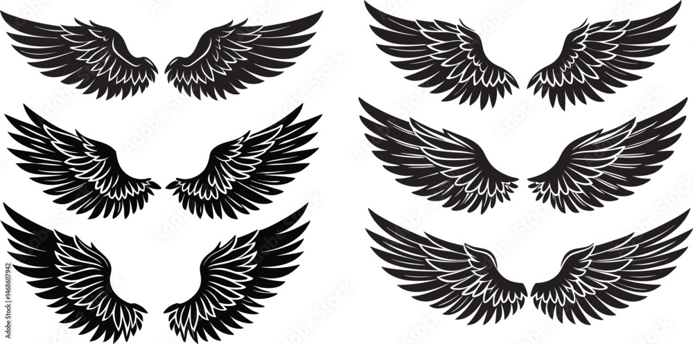 Angel wings silhouettes, Angel wings vector art, hand drawn bird or ...