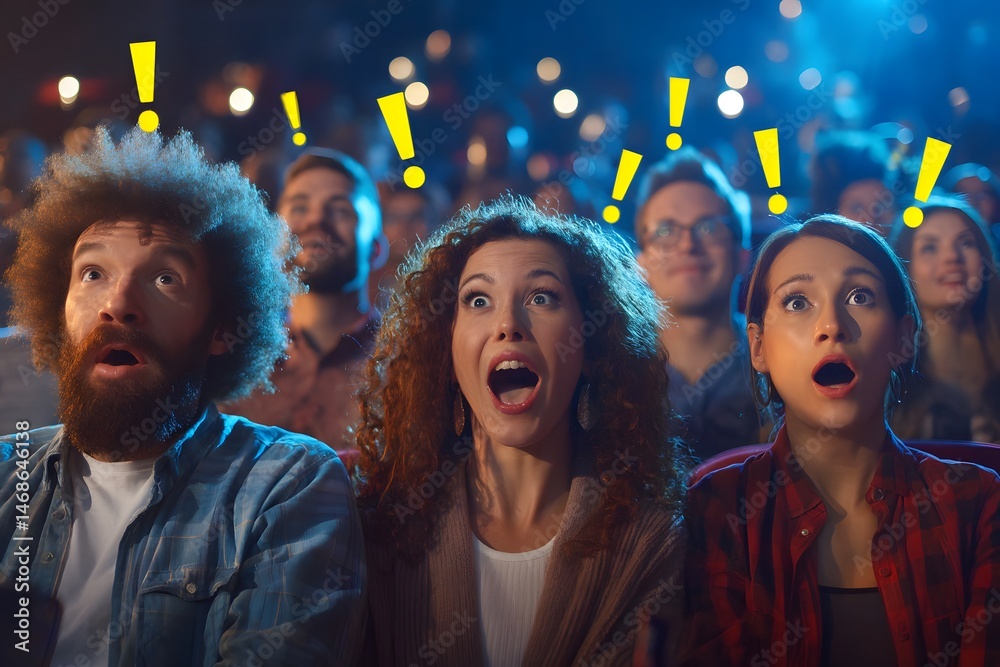 Excited and surprised audience at a live event with exclamation marks ...