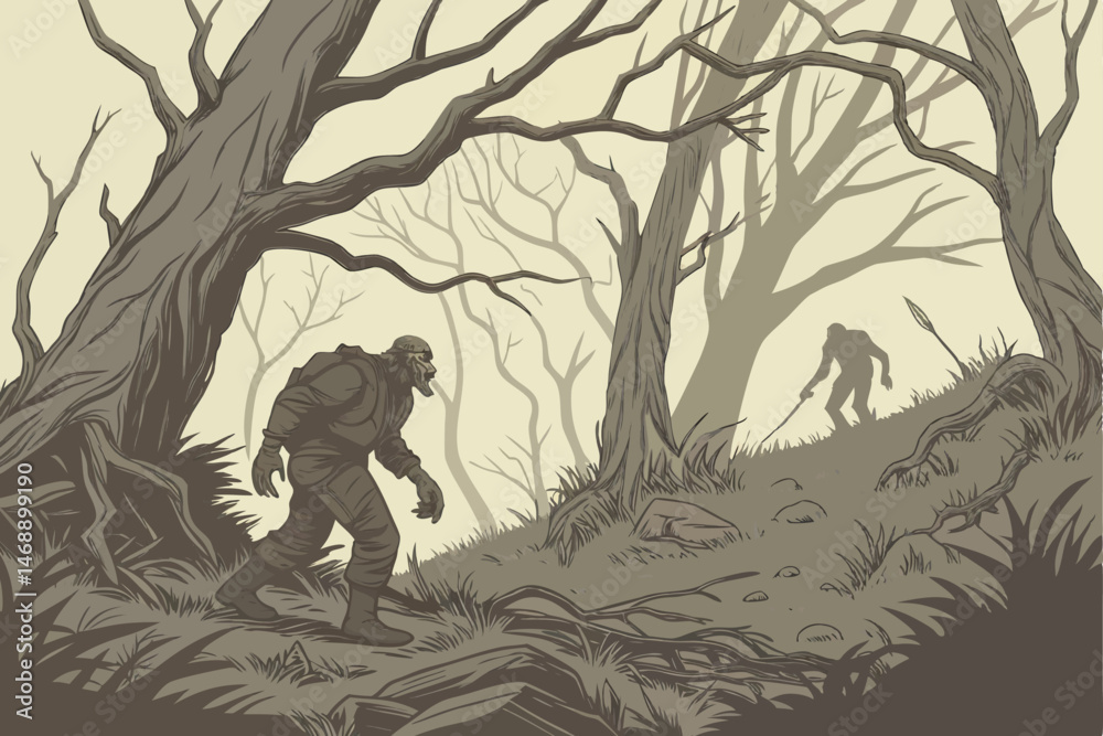 145 detailed dark fantasy zombie apocalypse scene, desolate overgrown ...