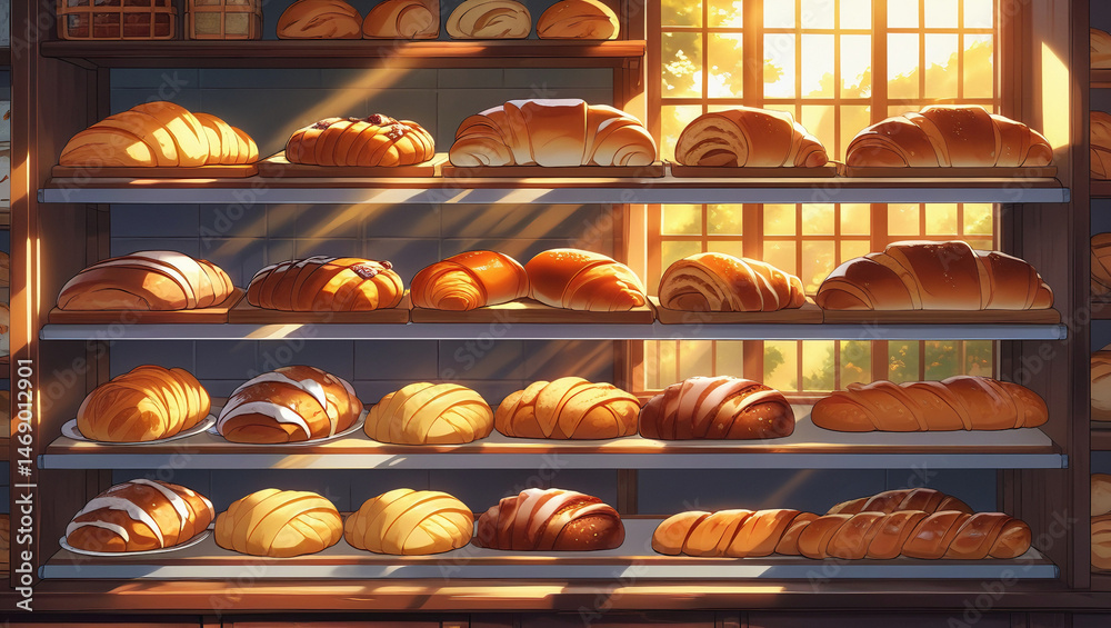 Warm anime bakery interior with breads. Concept art for food-themed ...