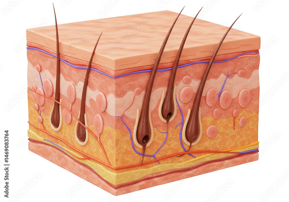 Diagram of human skin layers with hair follicles anatomy on transparent ...