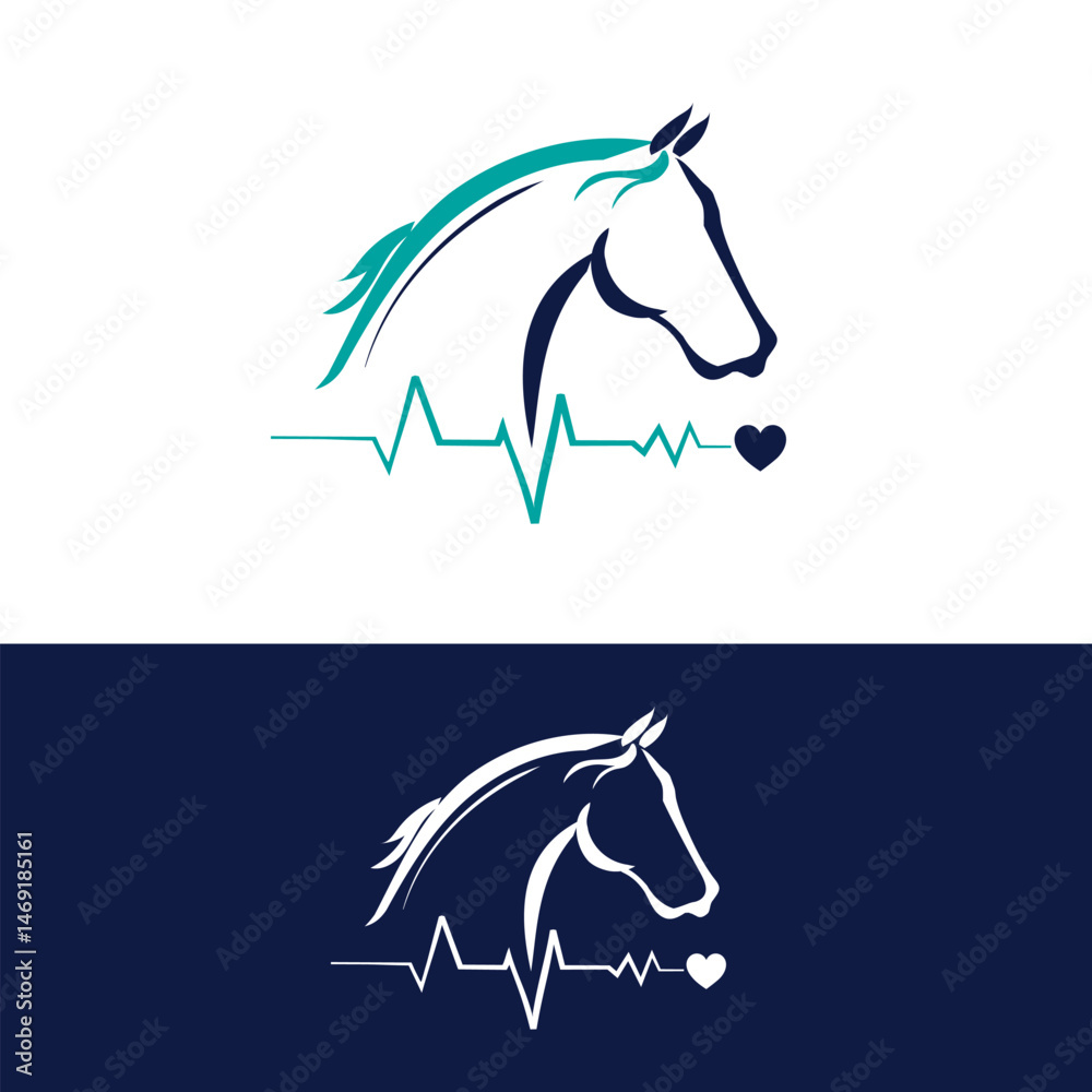 heart cardiogram and horse head line art logo, equine veterinary logo ...