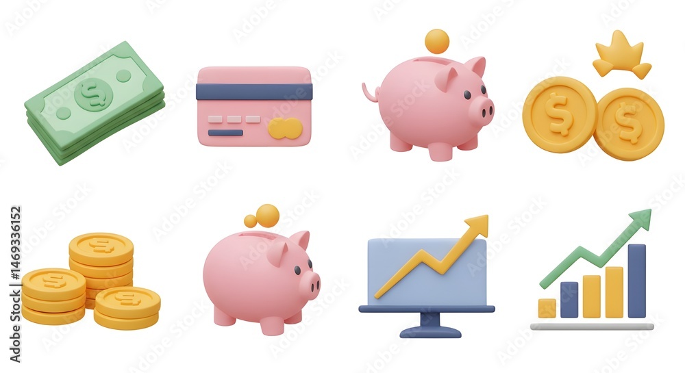 Finance and Investment Icons - Money, Credit Card, Piggy Bank, Coins ...