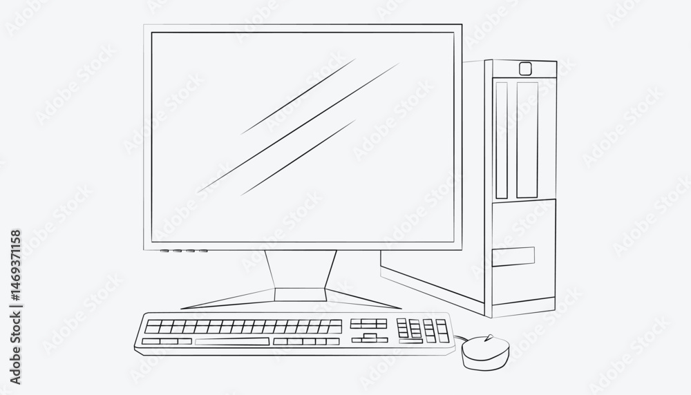 Line art of a desktop computer setup. Clean black and white linear drawing of monitor, CPU ...