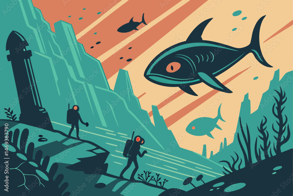 5 Underwater sci-fi landscape, alien ocean world, bioluminescent ...