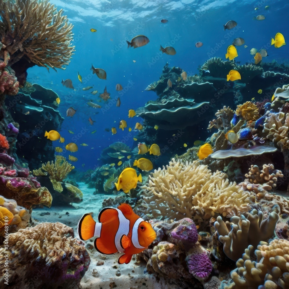 background image with the theme of nemo fish and coral reefs in the sea ...