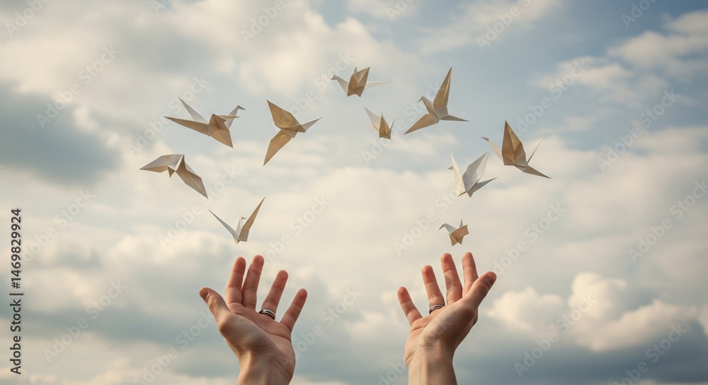 Paper Cranes Soaring A Symbol of Hope and Dreams Taking Flight Stock ...