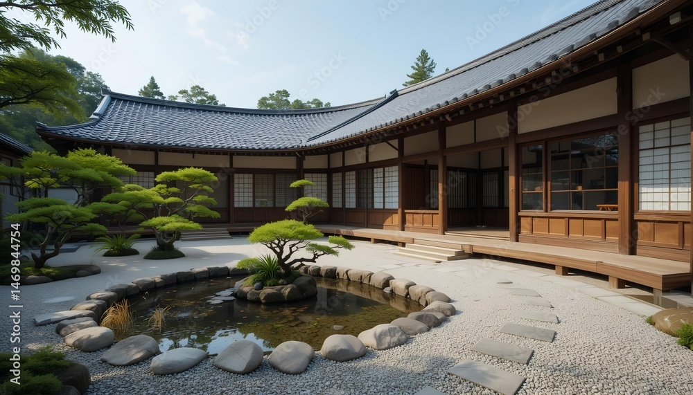 Traditional Japanese house with curved tiled roof surrounded by ...