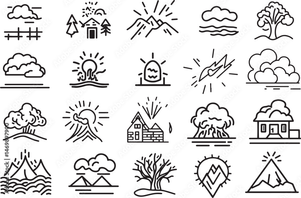 Disaster, weather hazard line icon set. Vector pictograms of natural ...