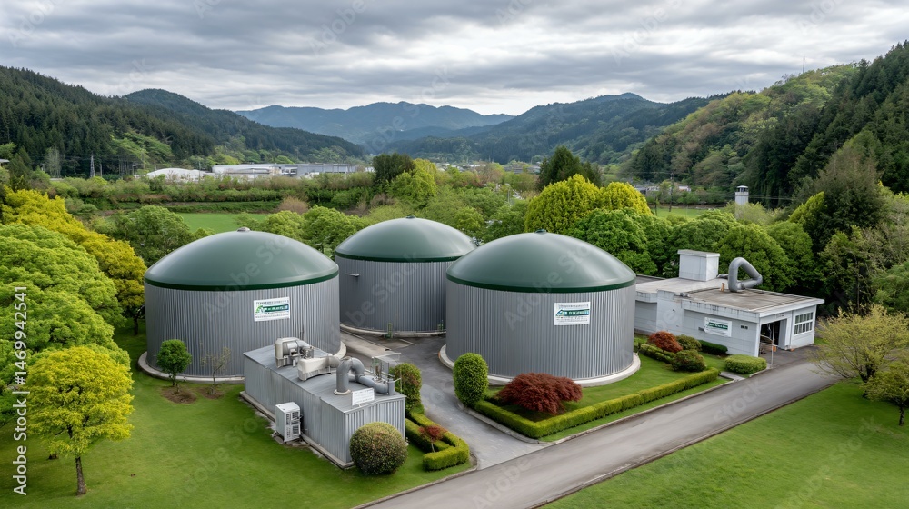 Stock-Illustration „Elevated drone capture of a rural biogas power site ...