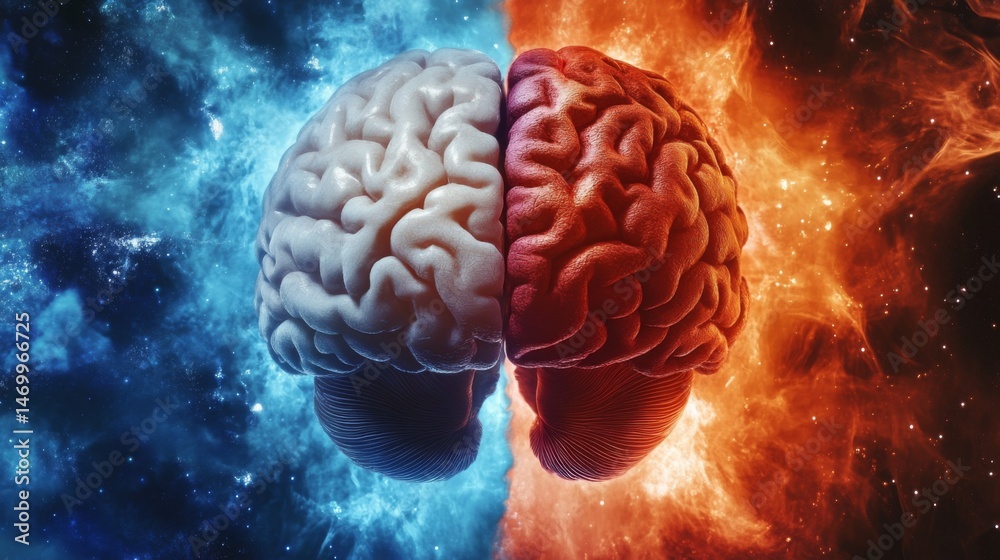A split image showing a healthy brain on one side and a brain affected ...