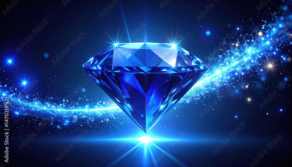 Blue diamond glowing with sparkling light trail, shining brightly in ...