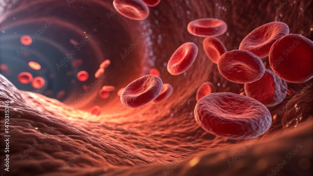 cell, vessel and disease concept. Microscopic view of red blood cells ...