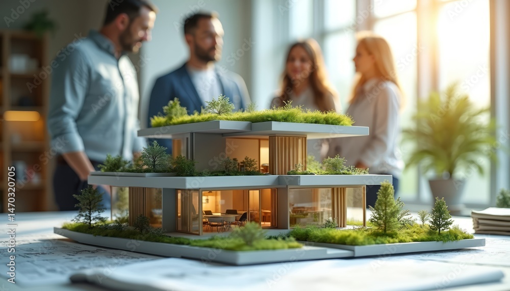 Team of architects review modern house model. Green roofs, energy ...