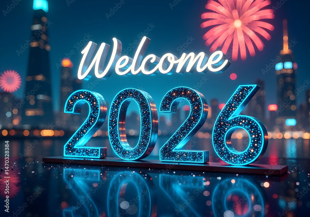 Ilustración de Stock text="Welcome 2026" on a futuristic cityscape ...