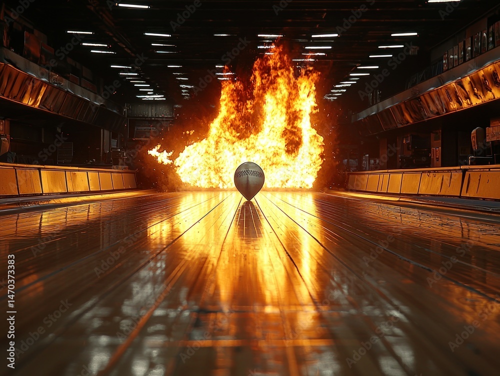 Bowling ball poised on lane, engulfed by fiery explosion Stock ...