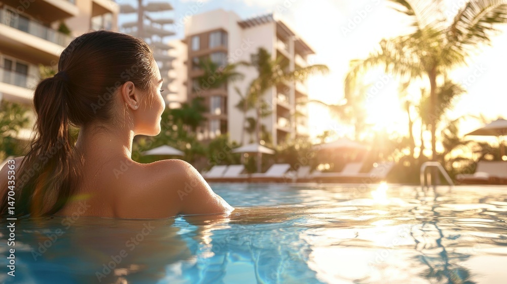 Woman relaxing in a resort pool at sunset Stock Photo | Adobe Stock