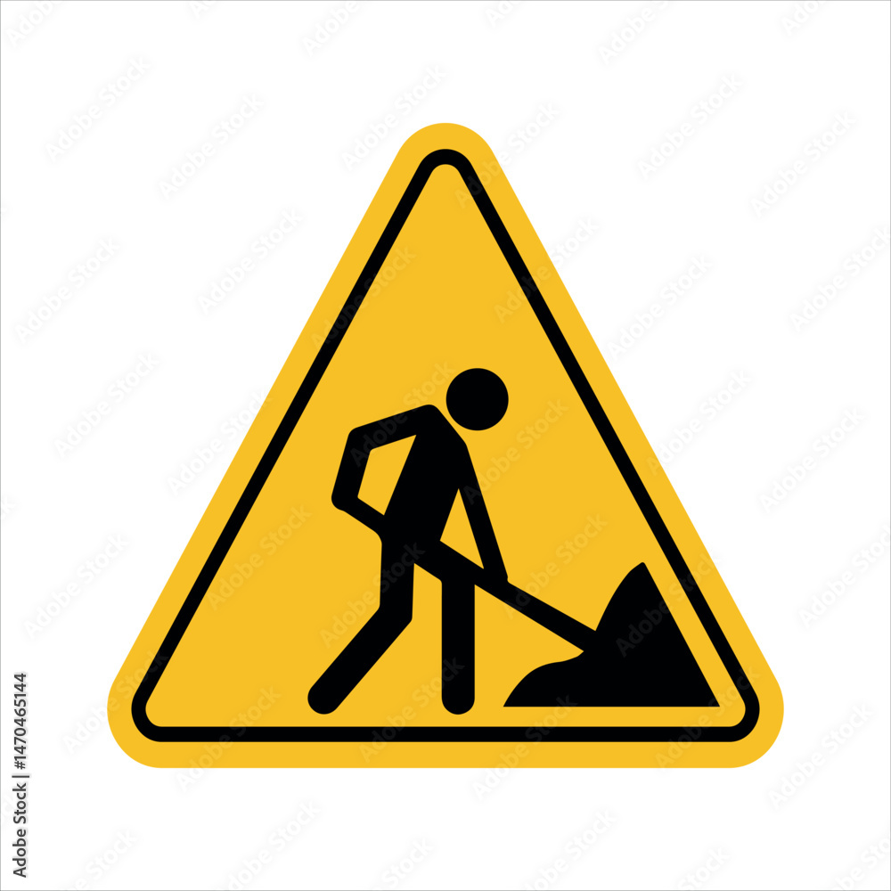 under construction warning sign with worker digging symbol inside ...