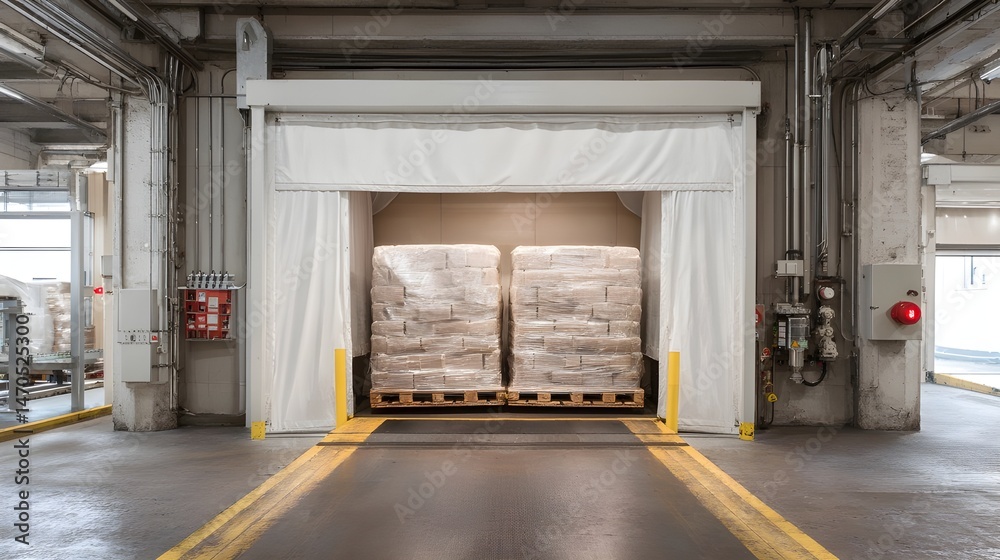 Packaging Plant with White Sliding Gate and Wrapped Goods: Efficient ...