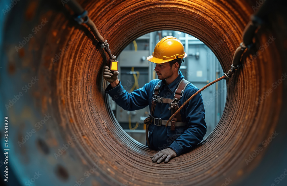 Male worker measures coil pipe circular thickness. Boiler scan. Worker ...