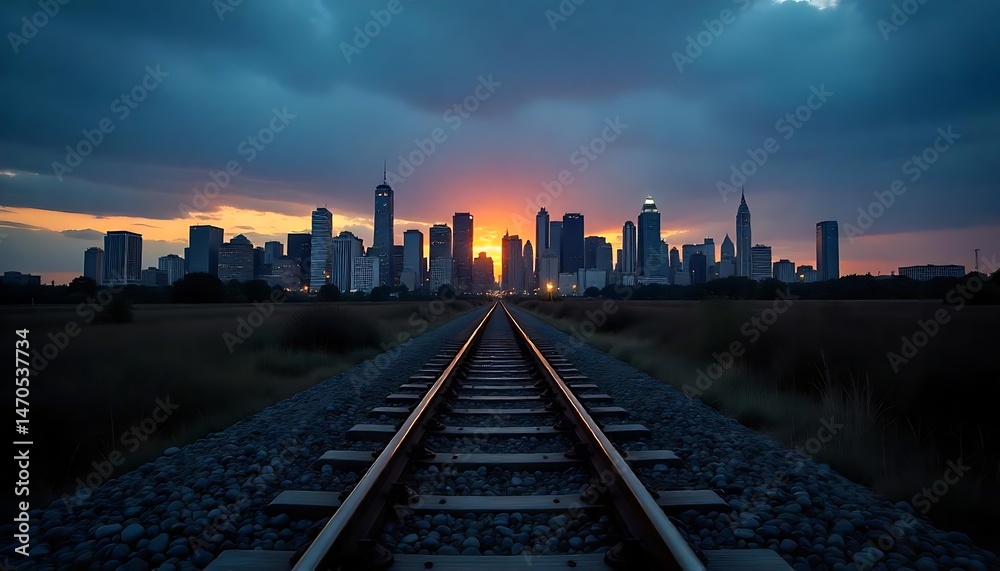 Urban train tracks lead to a city skyline under a moody evening sky ...