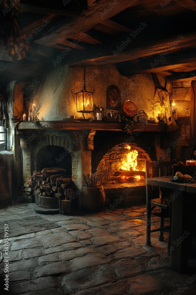 warm hearth in a humble cottage, where a family bows their heads in ...