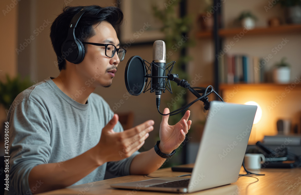 Asian man hosts streaming podcast with condenser microphone at home ...