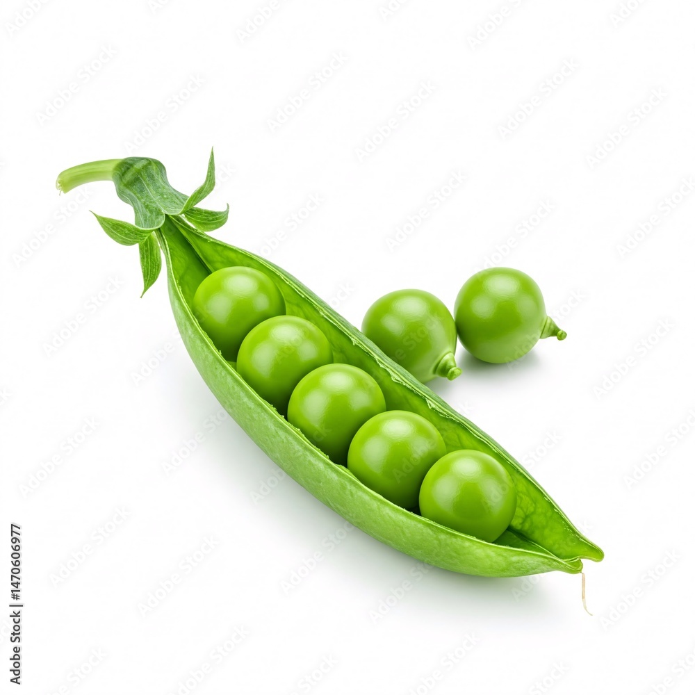 Opened green pea pod with peas inside isolated on white background ...
