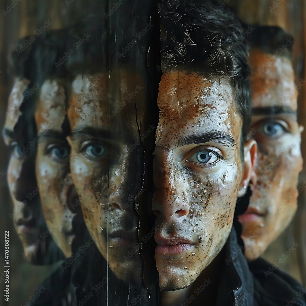 Person made of shifting facial expressions morphing between emotions ...