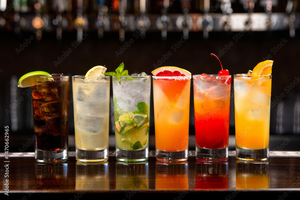 Vibrant lineup of six assorted highball cocktails with fresh fruit ...