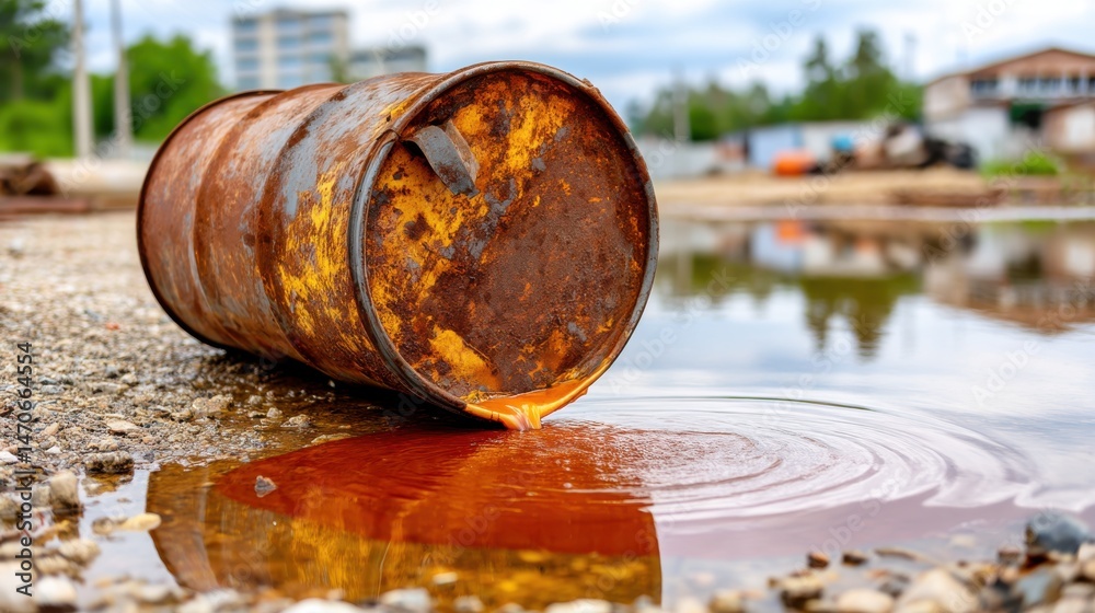 Стокове фото Rusty barrel spilling orange liquid into a puddle ...