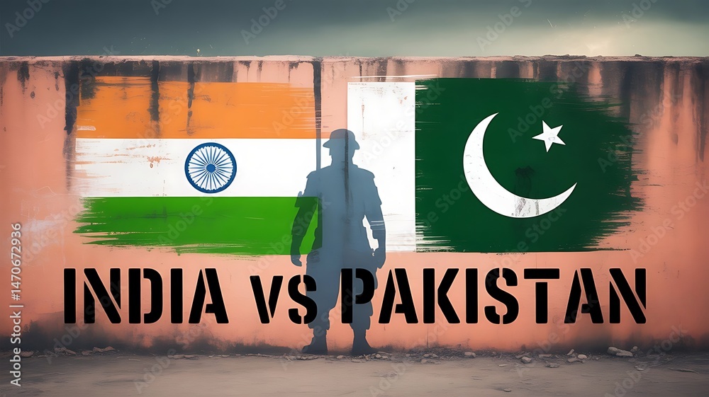 Flags of India and Pakistan painted wall with soldier shadow , india vs ...