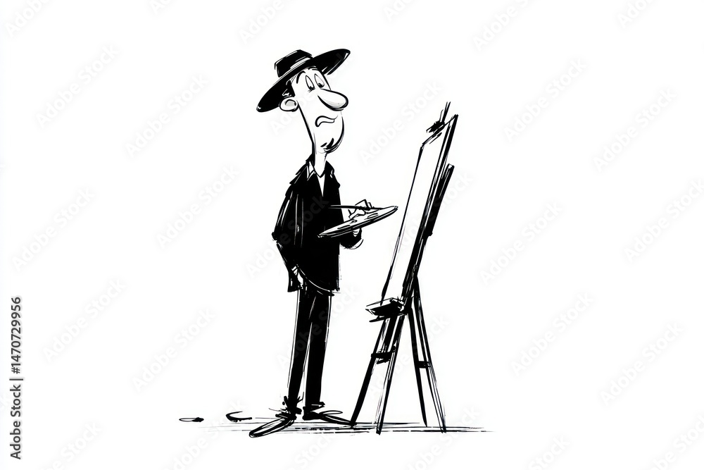Artist at Work A Cartoon Painter with Palette and Easel in a Minimalist ...