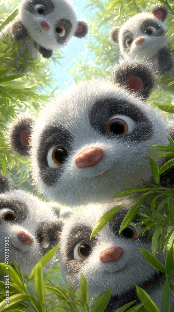 Cartoon Panda Characters Playful Scene Green Forest Bamboo Nature Cute ...