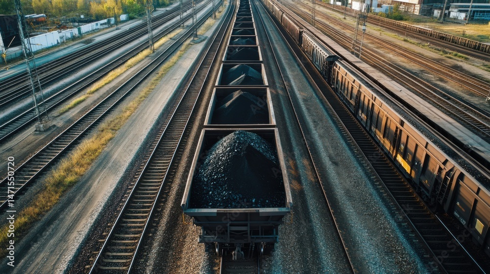 Aerial view side view long freight train transporting black coal, open ...