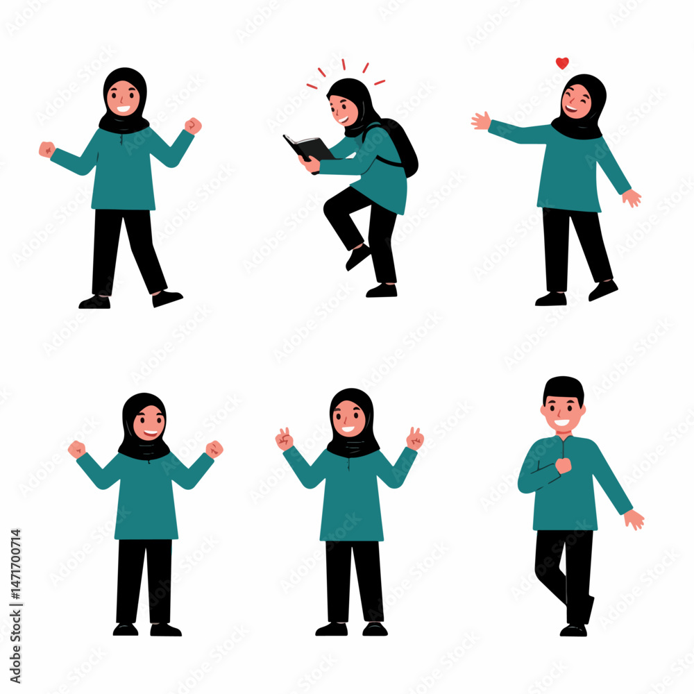 Vektor Muslim Children Character Poses Set: An illustration set ...