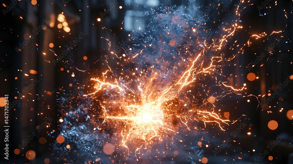 Electric arc flashing from a severed conduit mid-repair, frozen sparks ...