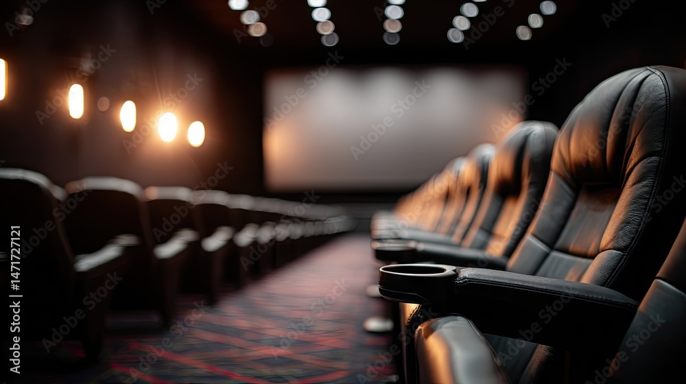 Empty movie theater featuring premium seats with armrests and cup ...