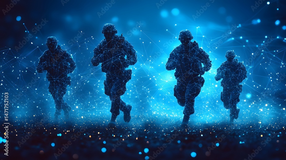 Futuristic soldiers run in a digital world. Wireframe figures sprint ...