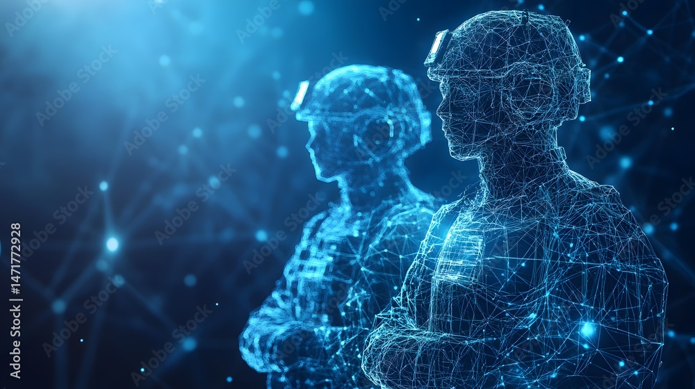 Futuristic soldiers rendered as glowing blue wireframes stand guard ...