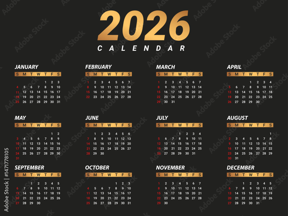 2026 calendar template black background modern design full year layout ...