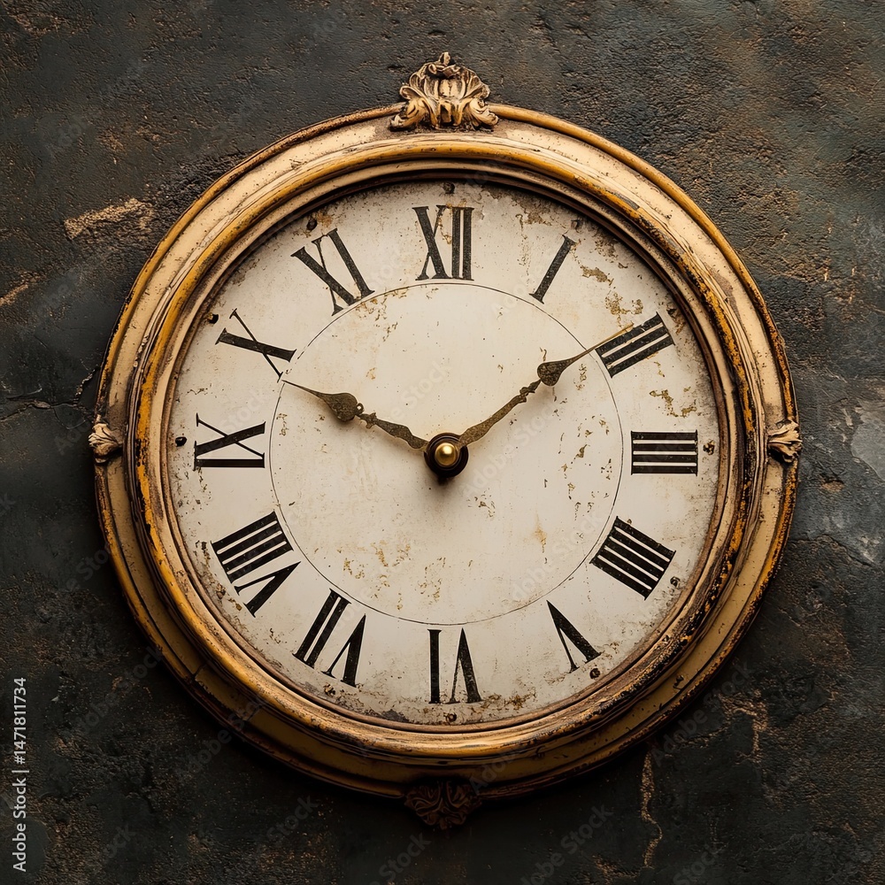 Aged antique clock face with roman numbers on a vintage wooden ...