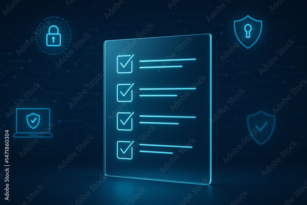 A digital checklist displayed on a glass-like panel, surrounded by ...