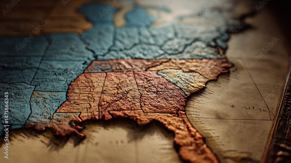 Vintage united states map showing the southeast usa geography and ...