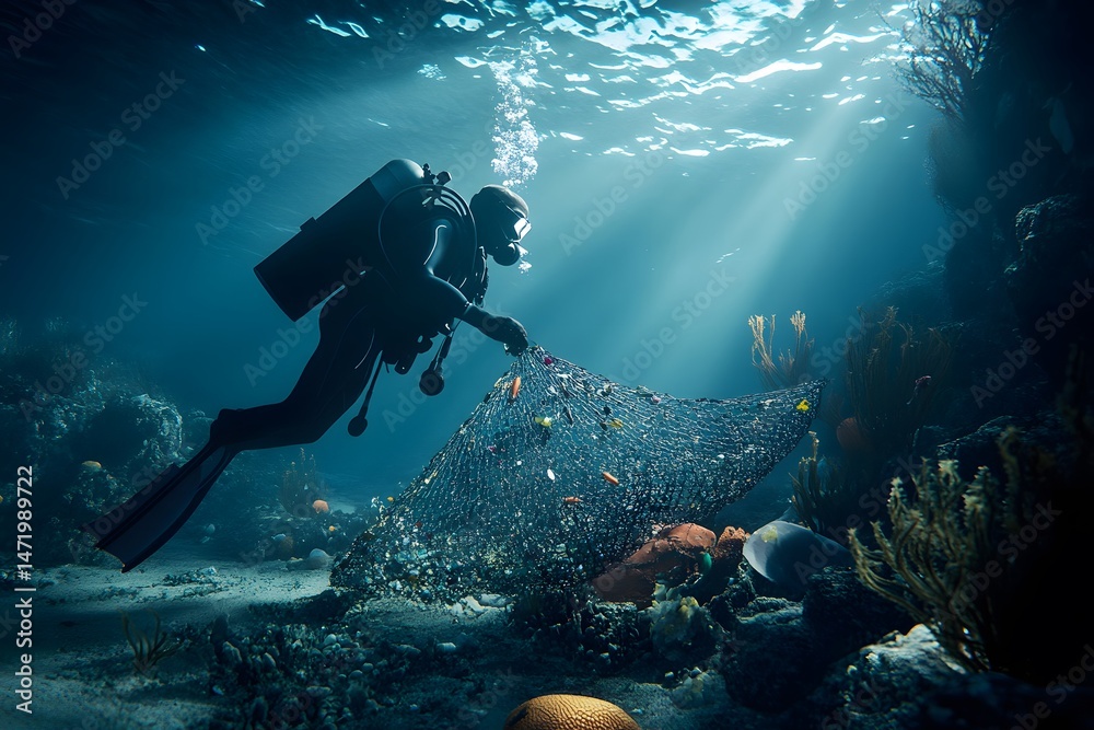 Scuba diver removing trash from coral reefs underwater to protect ocean ...
