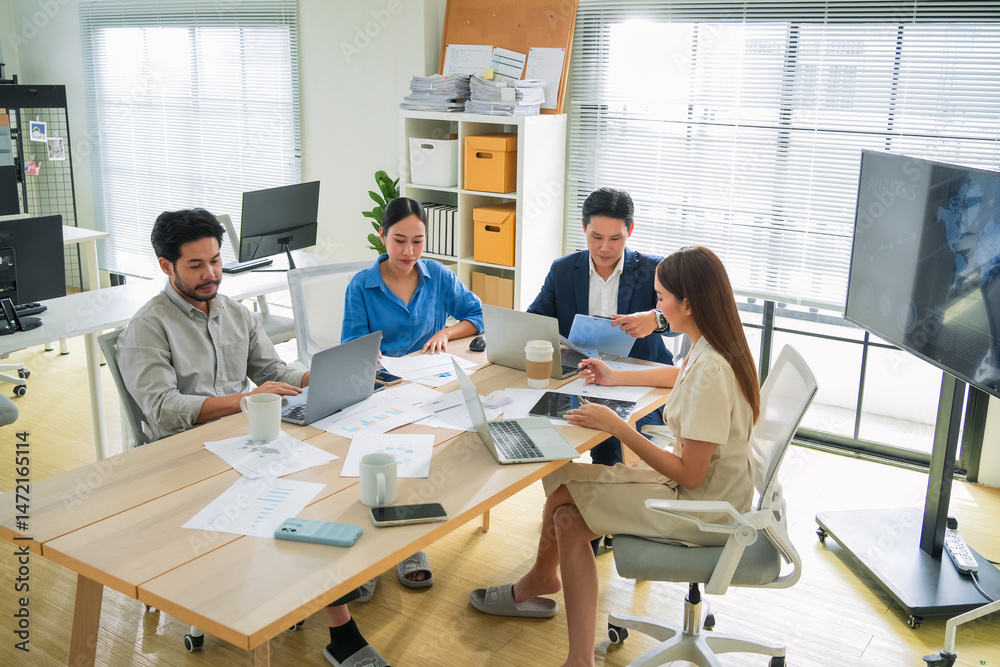 Modern startup founders present bold business ideas office, focusing on ...