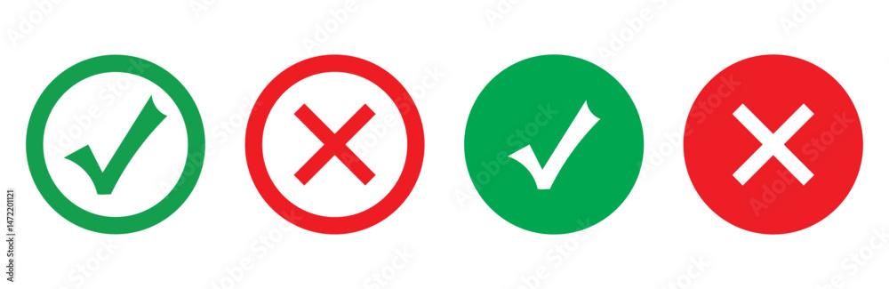 Green checkmark tick and red X icons. Set green approval check mark and red cross icons in ...