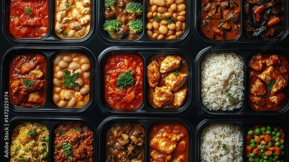 Overhead view of pre-made meals in black containers: rice, beans, pasta ...